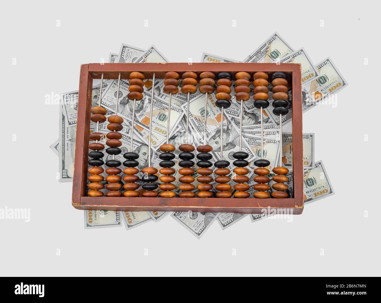 Old wooden abacus on a paper american dollars background. Bookkeeping ...