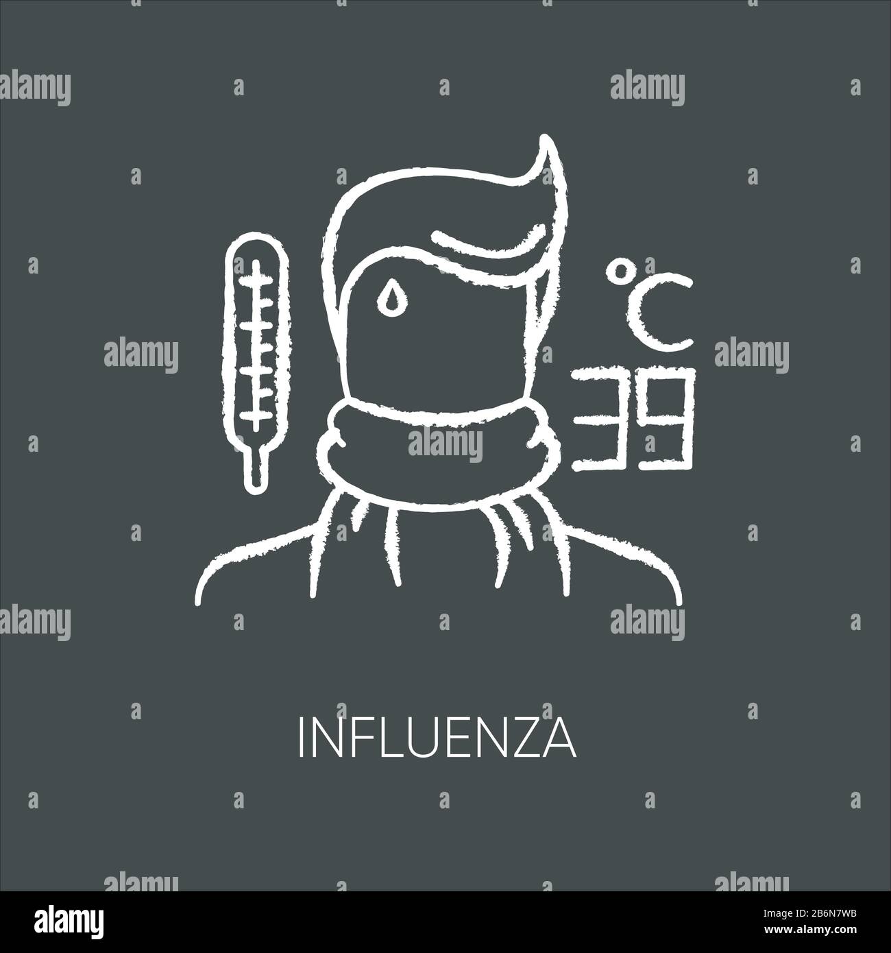 Influenza chalk white icon on black background. Contagious flu virus ...