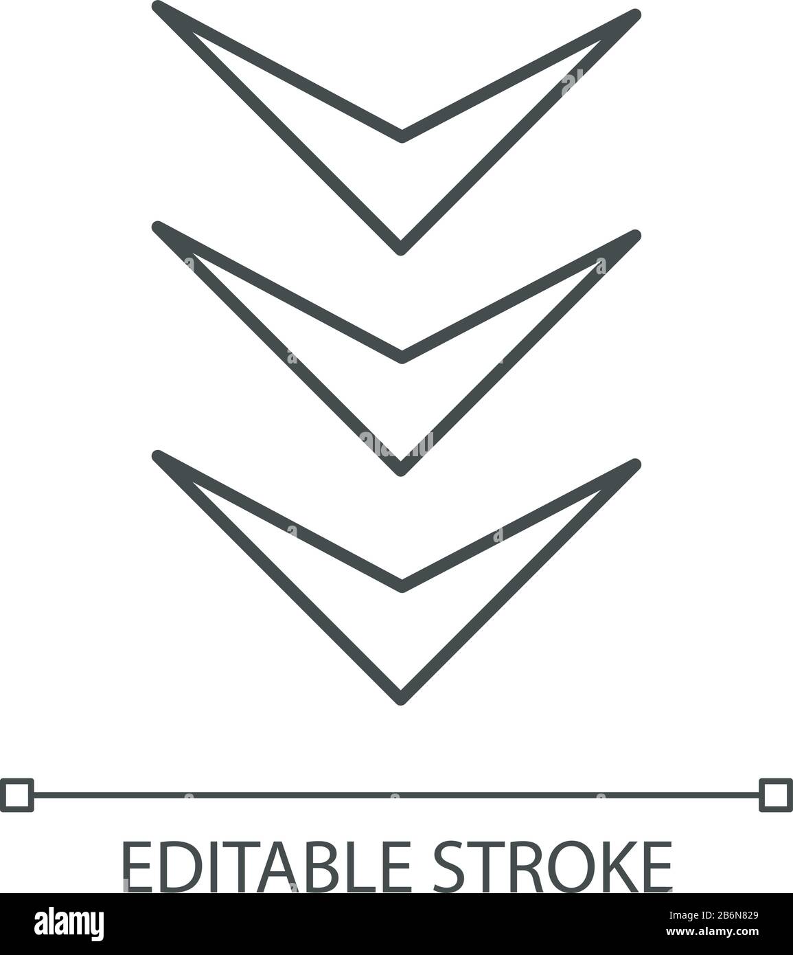 Three down arrows pixel perfect linear icon. Page browsing vertical ...