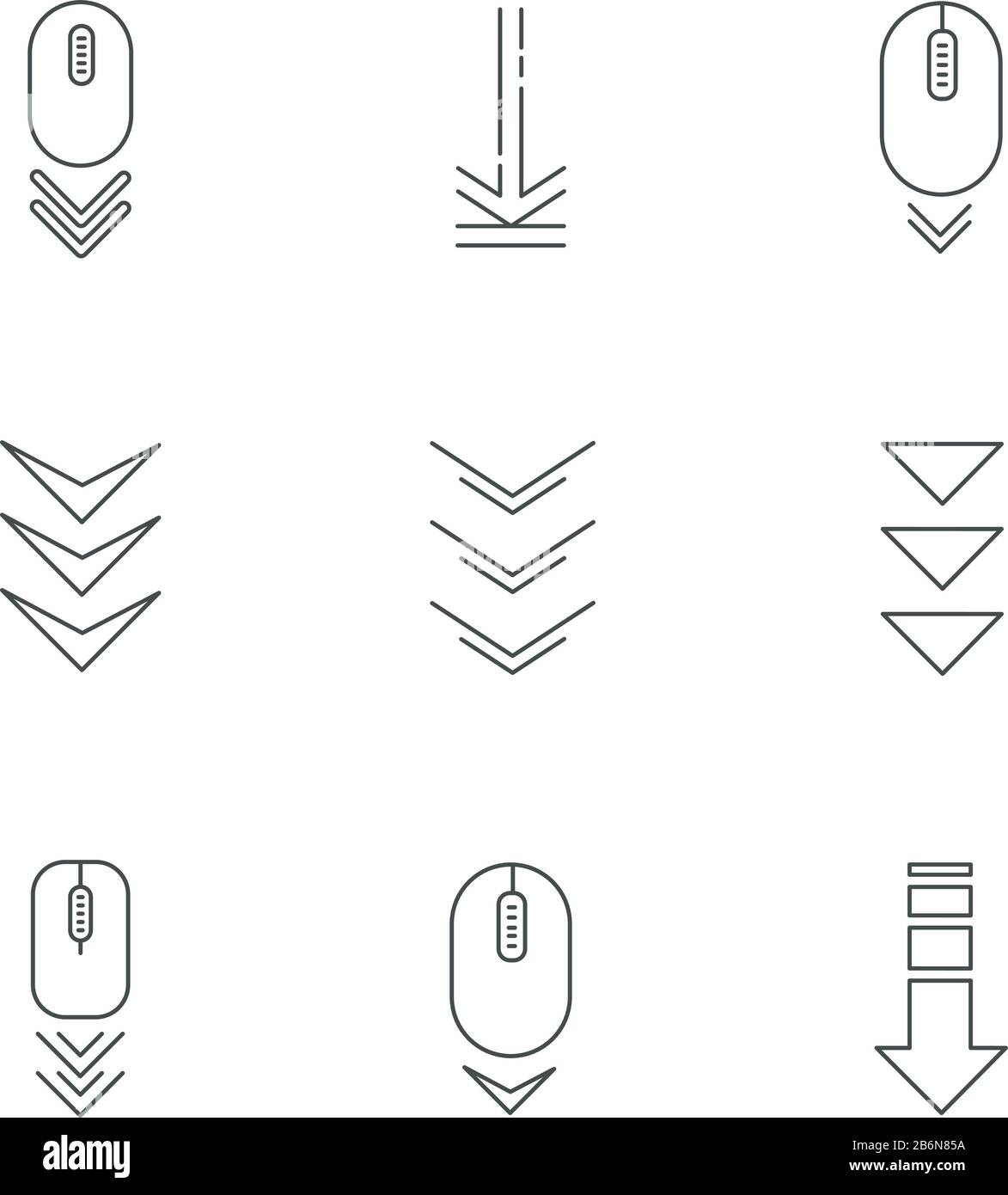 Scroll down buttons pixel perfect linear icons set. Web cursor. PC elements with arrowheads ...