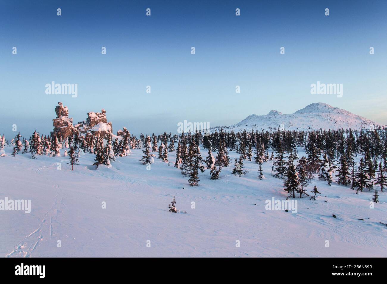 Winter snowy Ural Mountains at sunset Stock Photo - Alamy