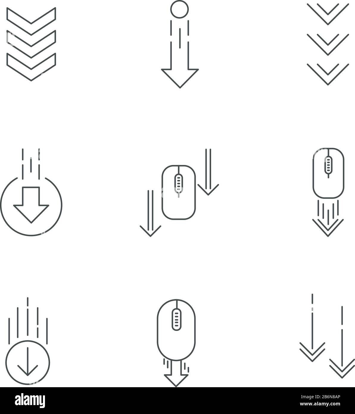 Scrolling down arrows pixel perfect linear icons set. Web cursor. PC elements, indicators ...