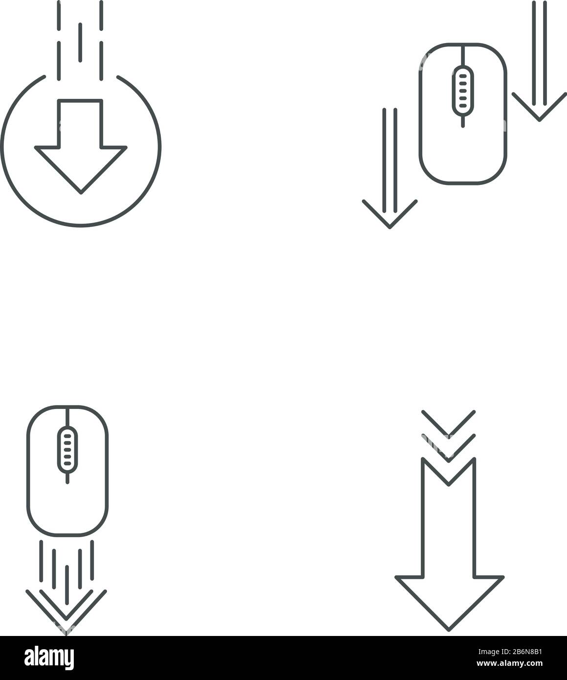 Computer mouse and arrowheads pixel perfect linear icons set. Website page scrollingdown cursor ...