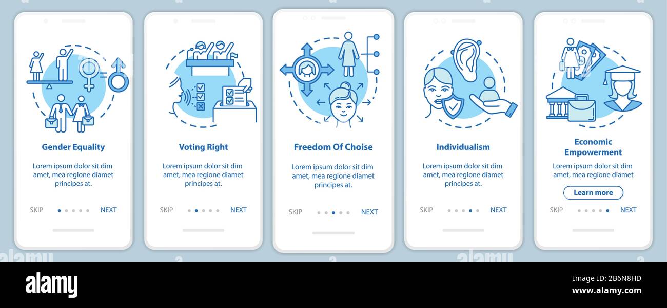Gender equality onboarding mobile app page screen with concepts ...