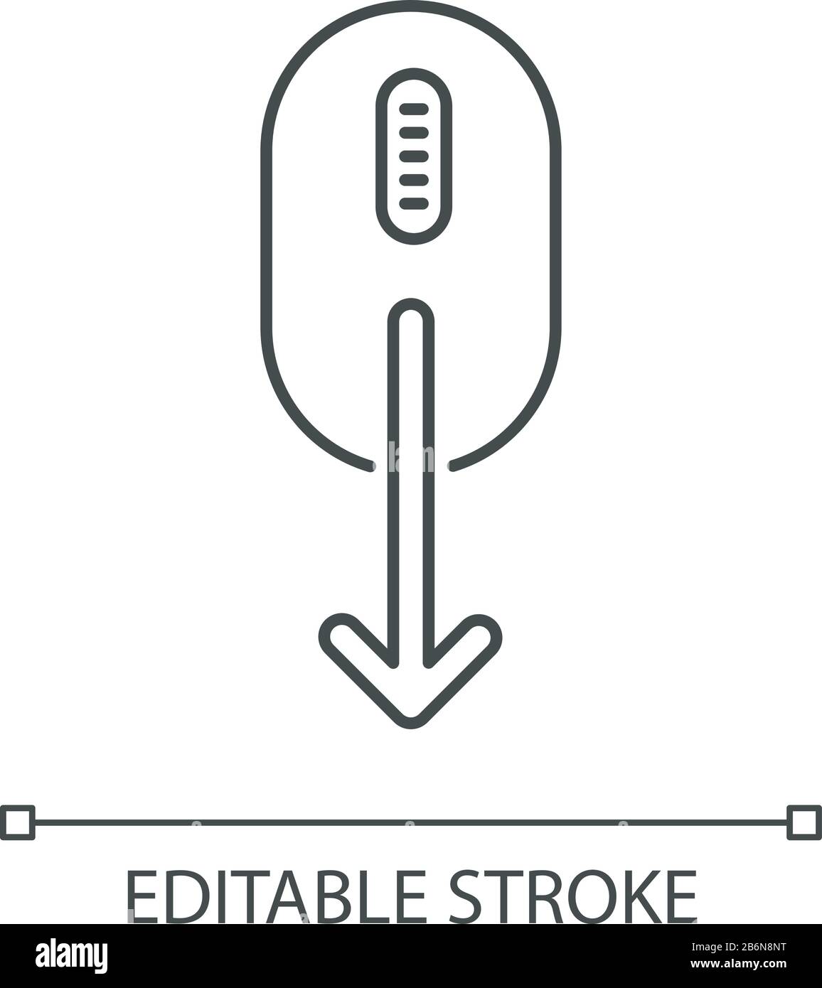 Mouse and down arrow pixel perfect linear icon. Web page scrolling down indicator. Thin line ...