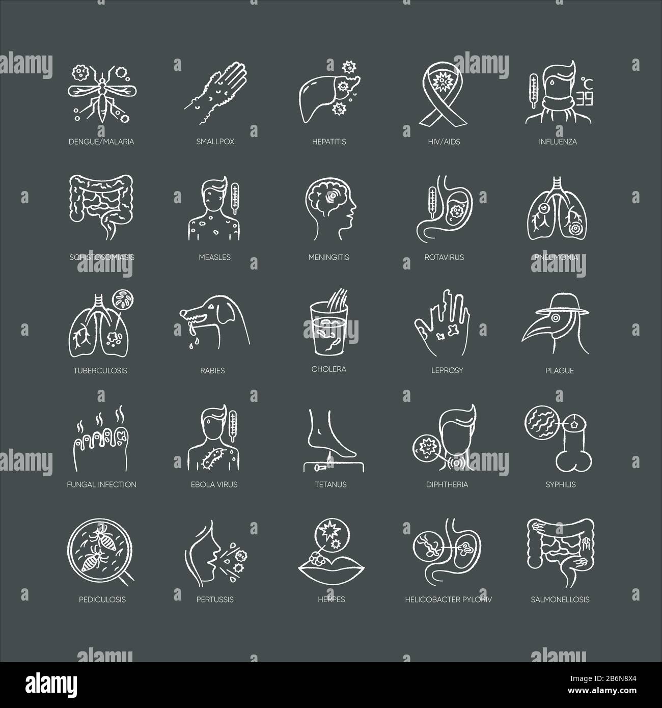 Infectious diseases chalk white icons set on black background ...