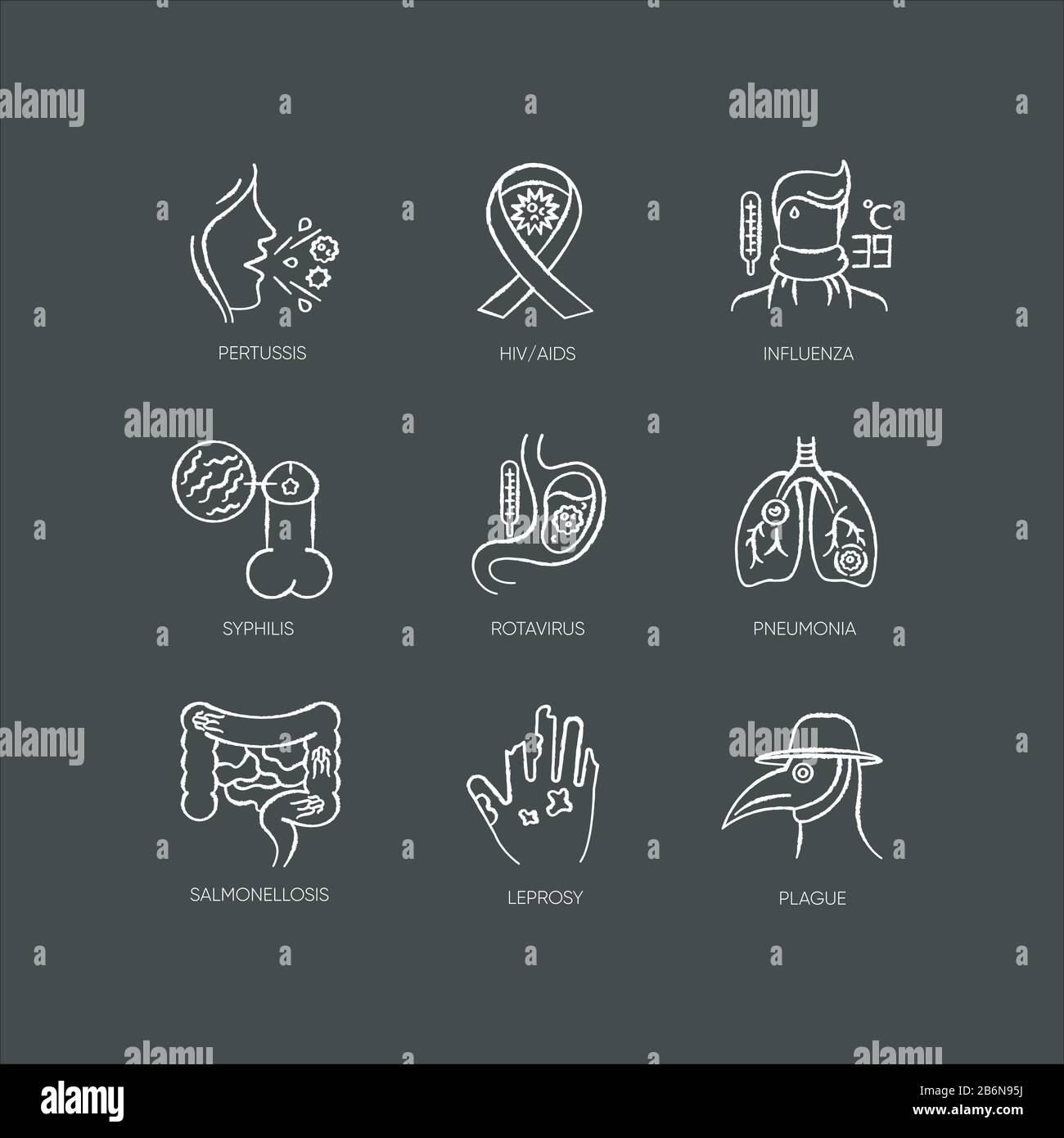 Infectious illnesses chalk white icons set on black background. Various ...