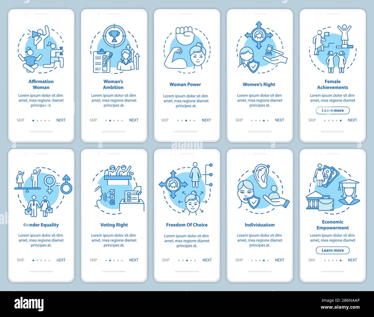 Feminism movement onboarding mobile app page screen with concepts set ...