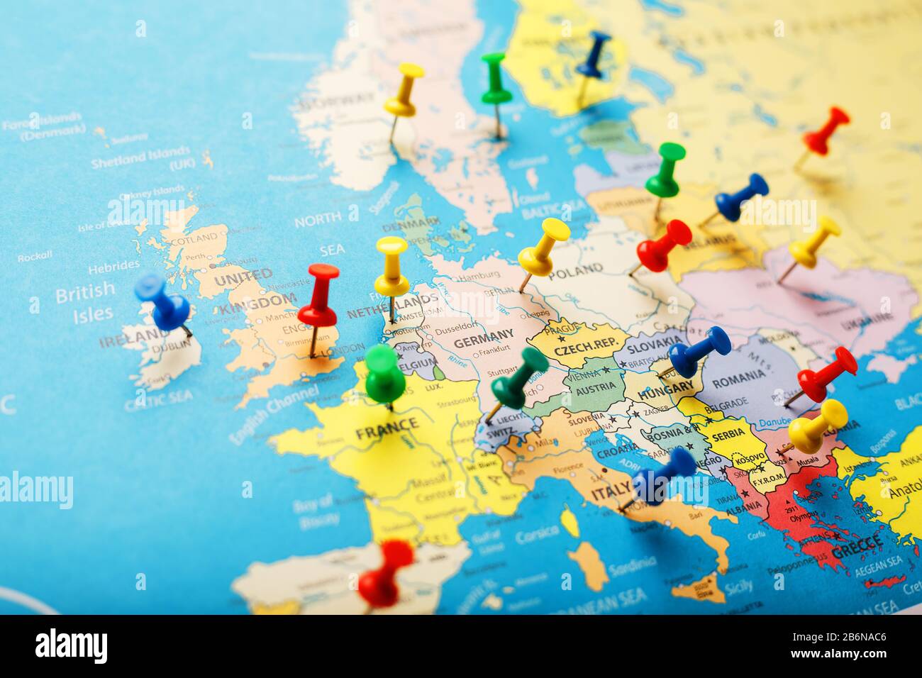 On the map of Europe, the colored buttons indicate the location and ...