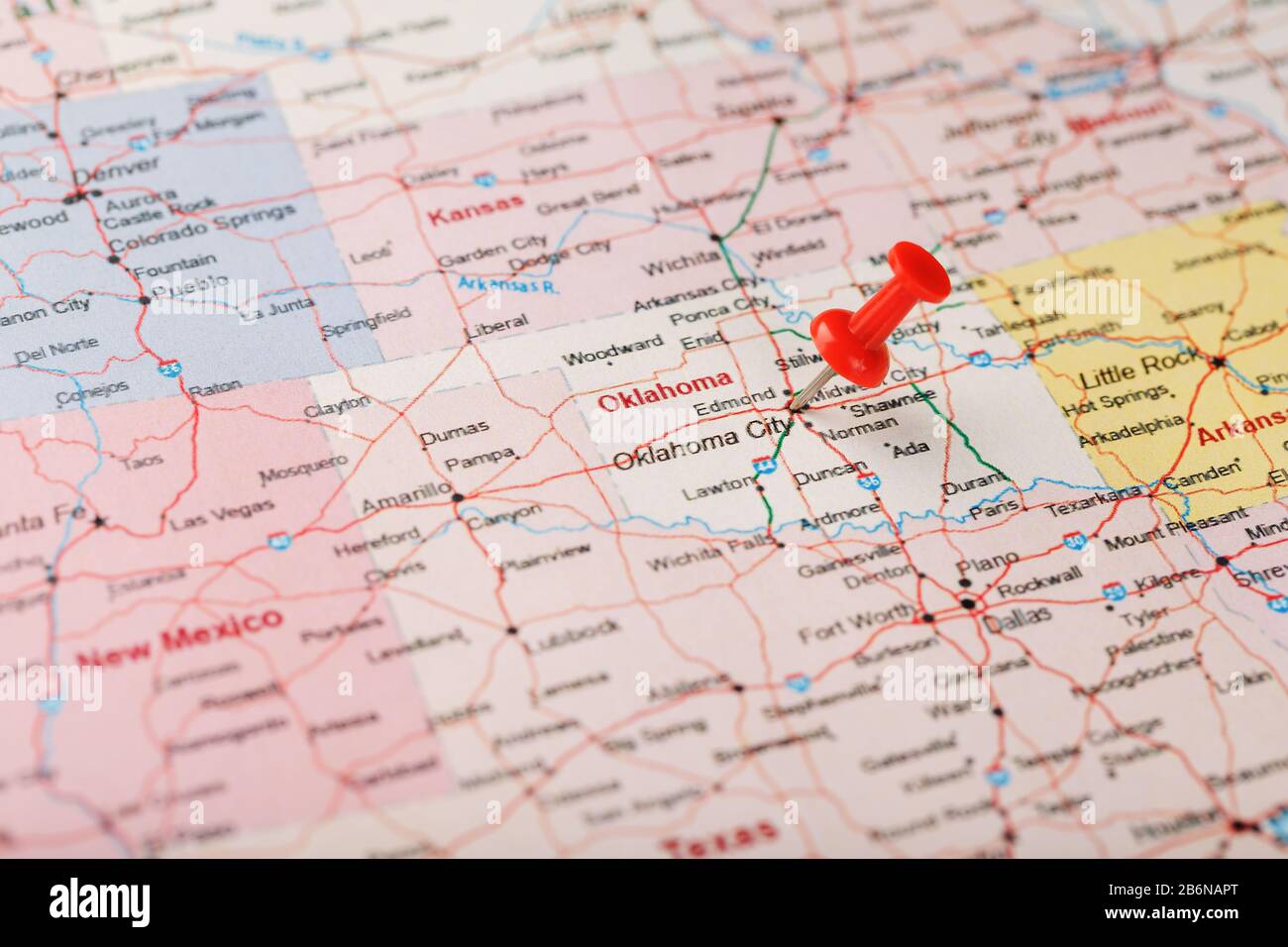 Red clerical needle on a map of the USA, Oklahoma and the Capital of ...