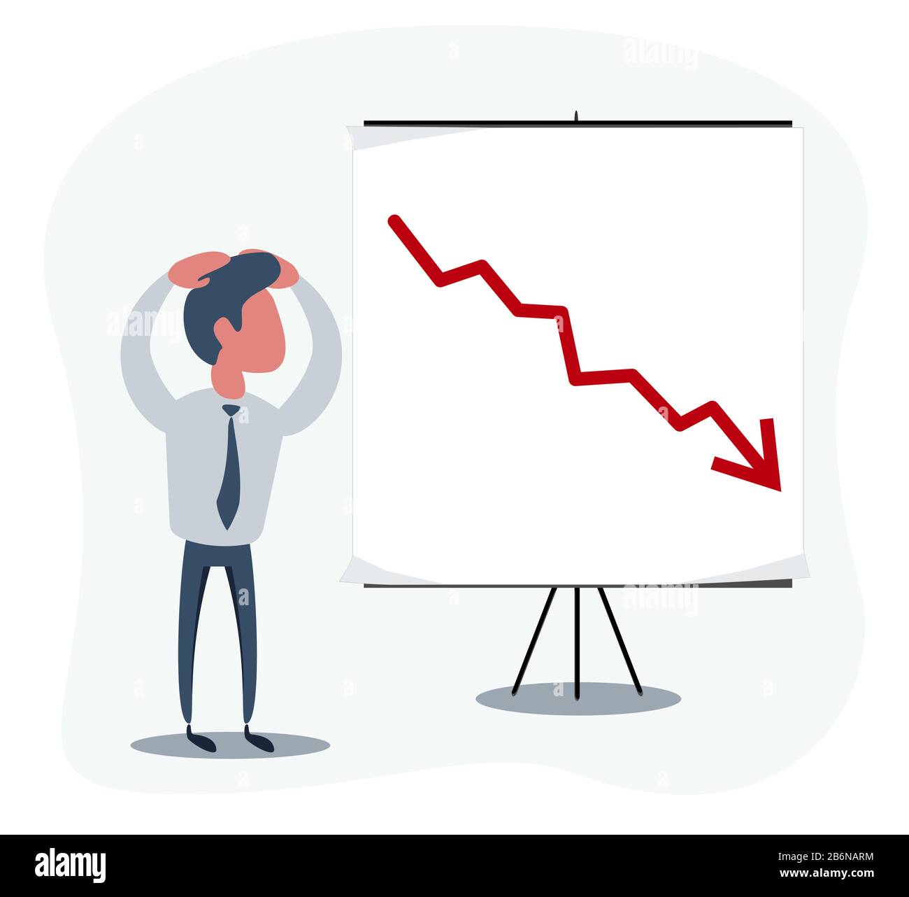 Shocked man in a suit watch on the board with a declining arrow ...