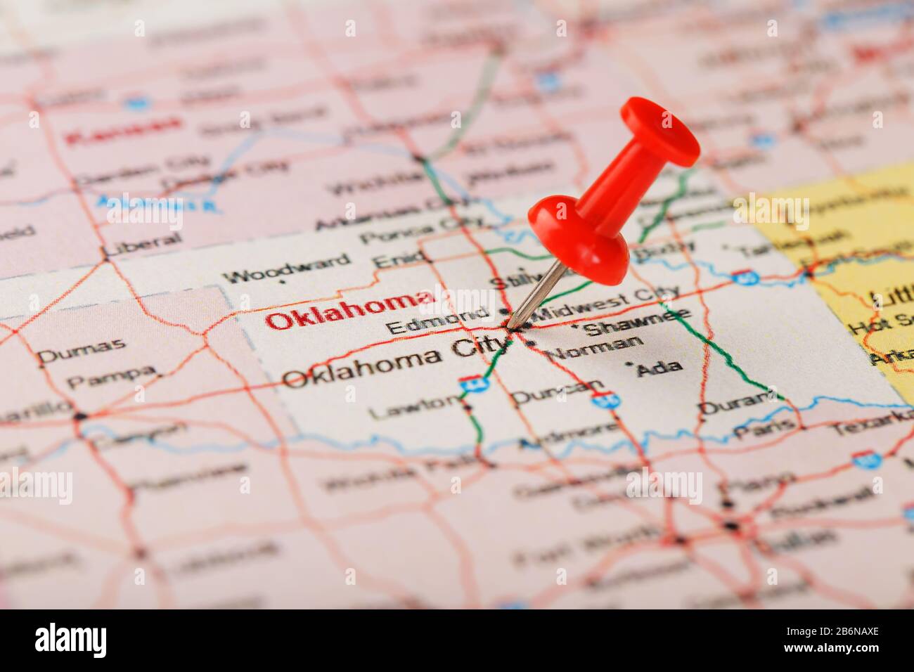 Red clerical needle on a map of the USA, Oklahoma and the Capital of ...