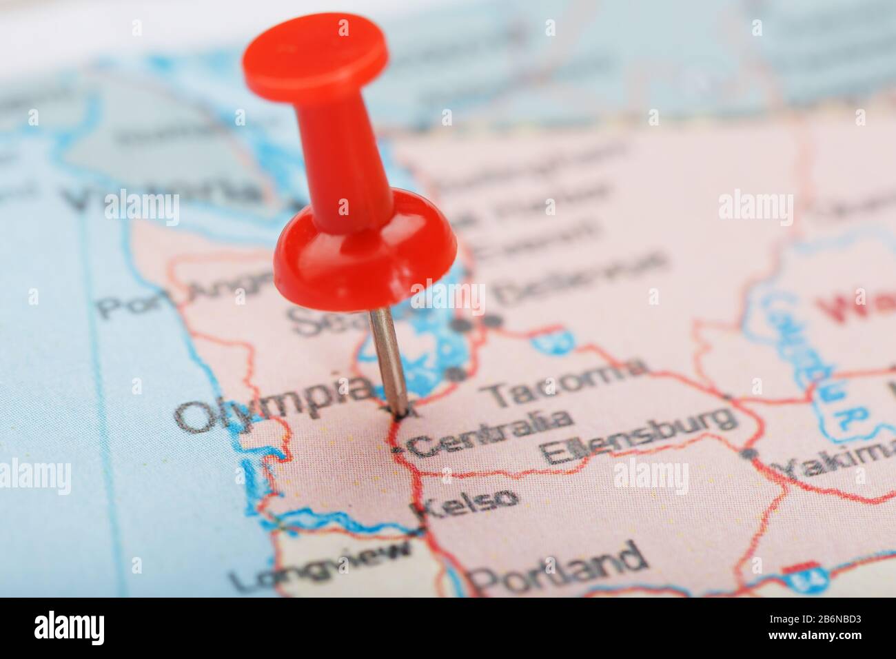 Red clerical needle on map of USA, Washington and DC. Close up map of ...