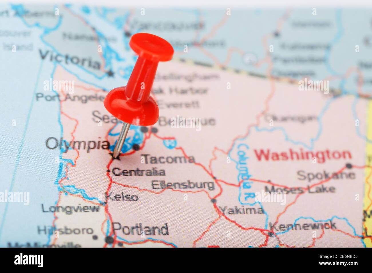 Red clerical needle on map of USA, Washington and DC. Close up map of ...