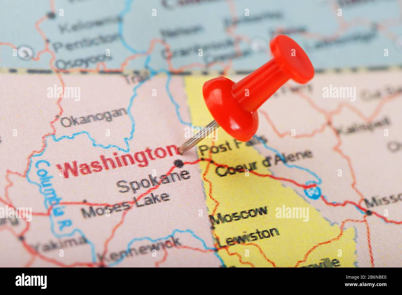Red clerical needle on map of USA, Washington and DC. Close up map of ...