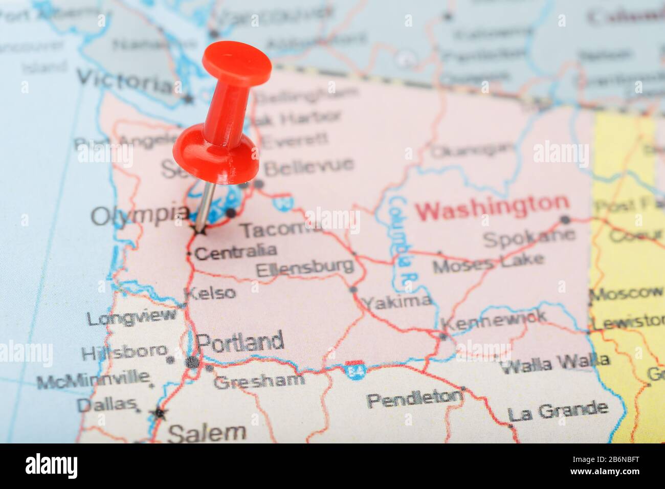 Red clerical needle on map of USA, Washington and DC. Close up map of ...