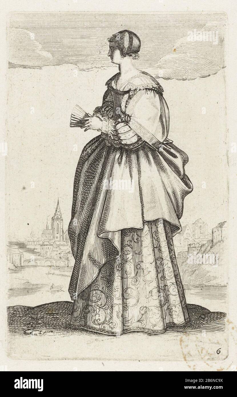 French lady, to leftwardly-facing, standing in front of a landscape ...