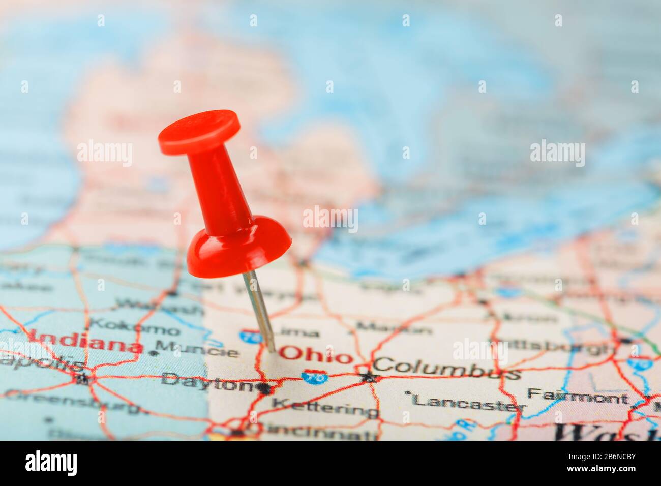 Red clerical needle on a map of USA, South Ohio and the capital ...
