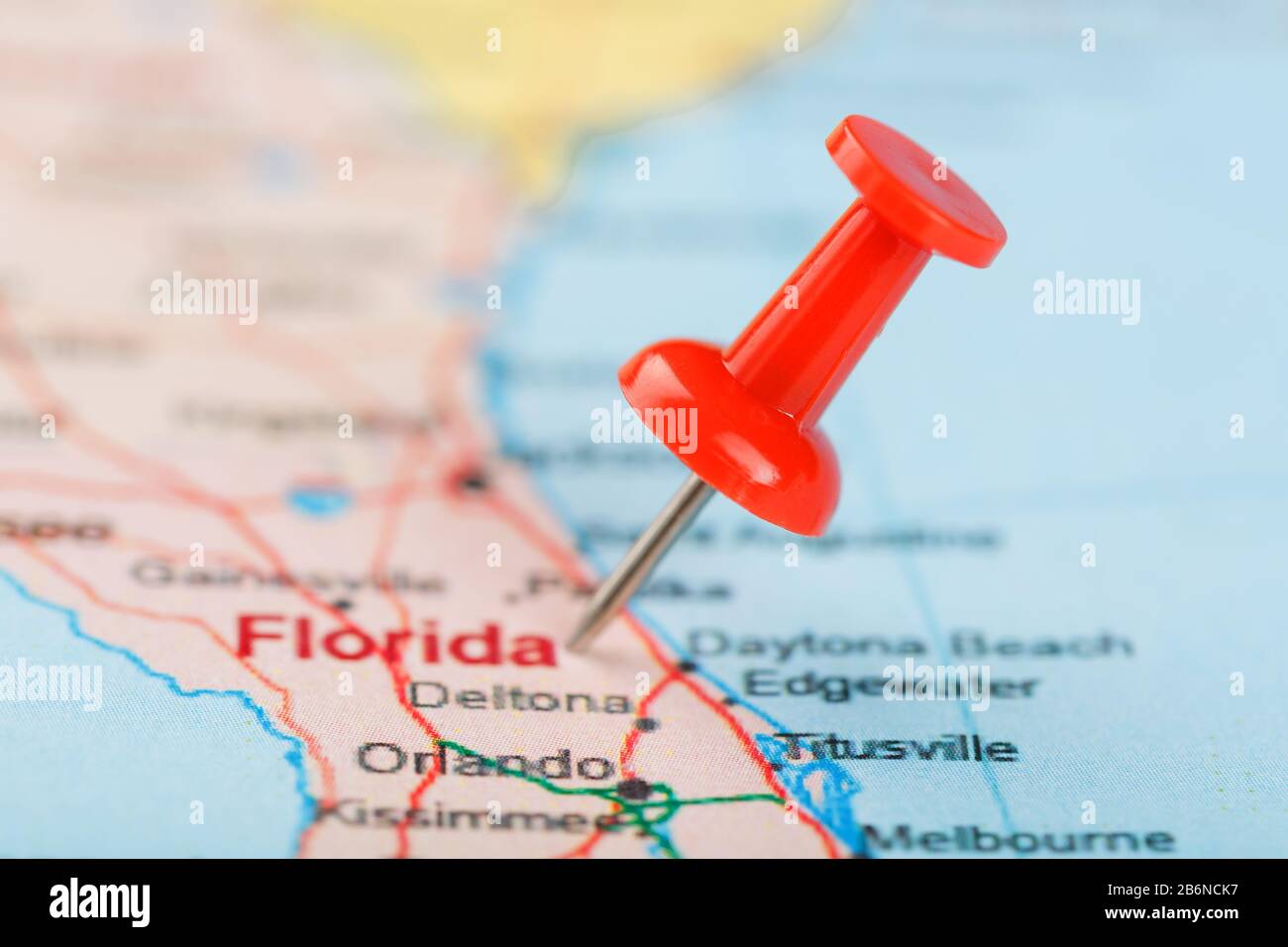 Red clerical needle on a map of USA, South Florida and the capital ...