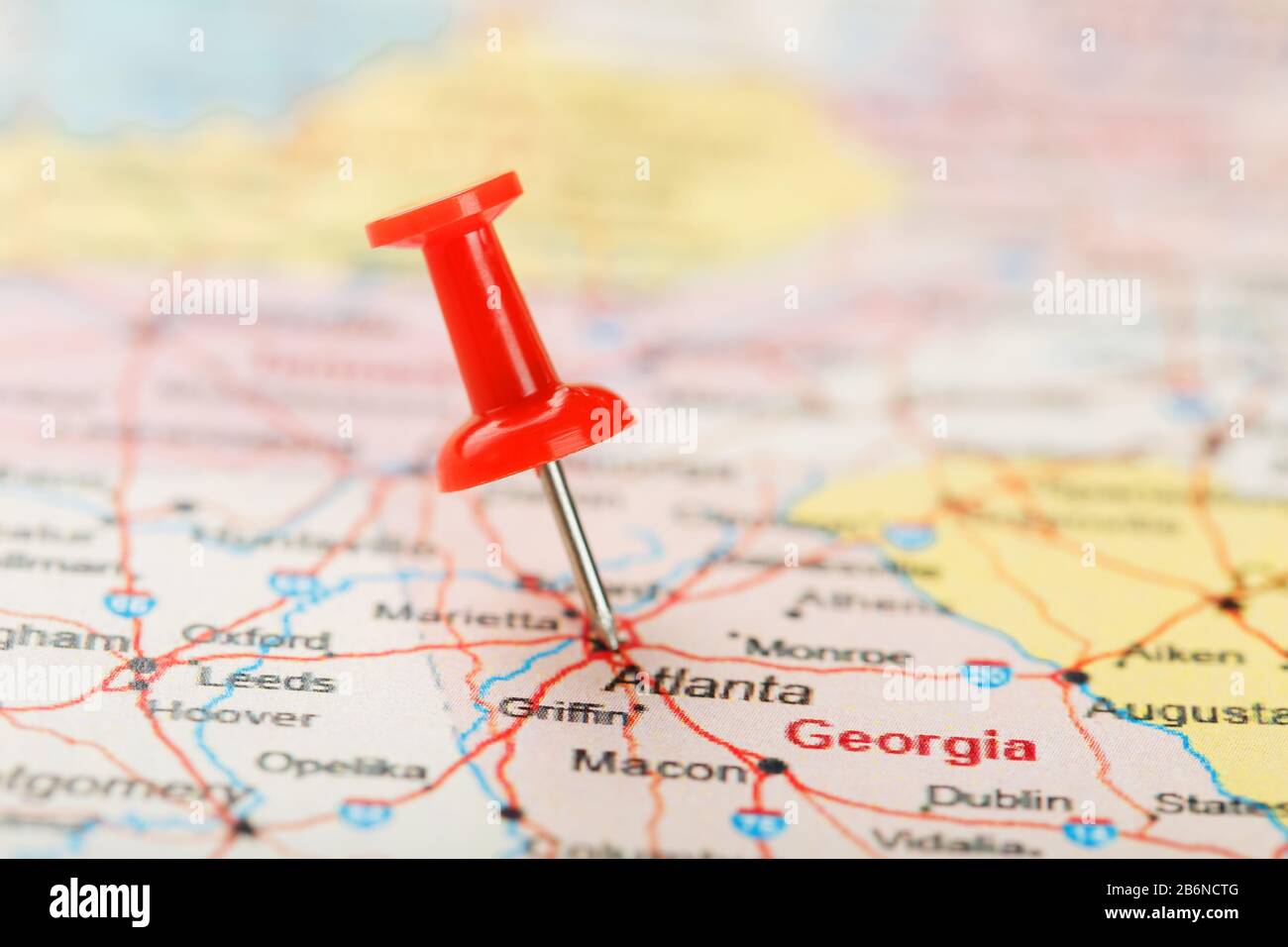 Red clerical needle on a map of USA, South Georgia U.S. state and the ...