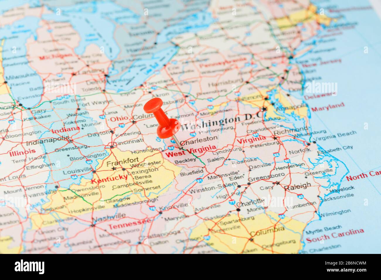 Red clerical needle on a map of USA, South West Virginia and the ...
