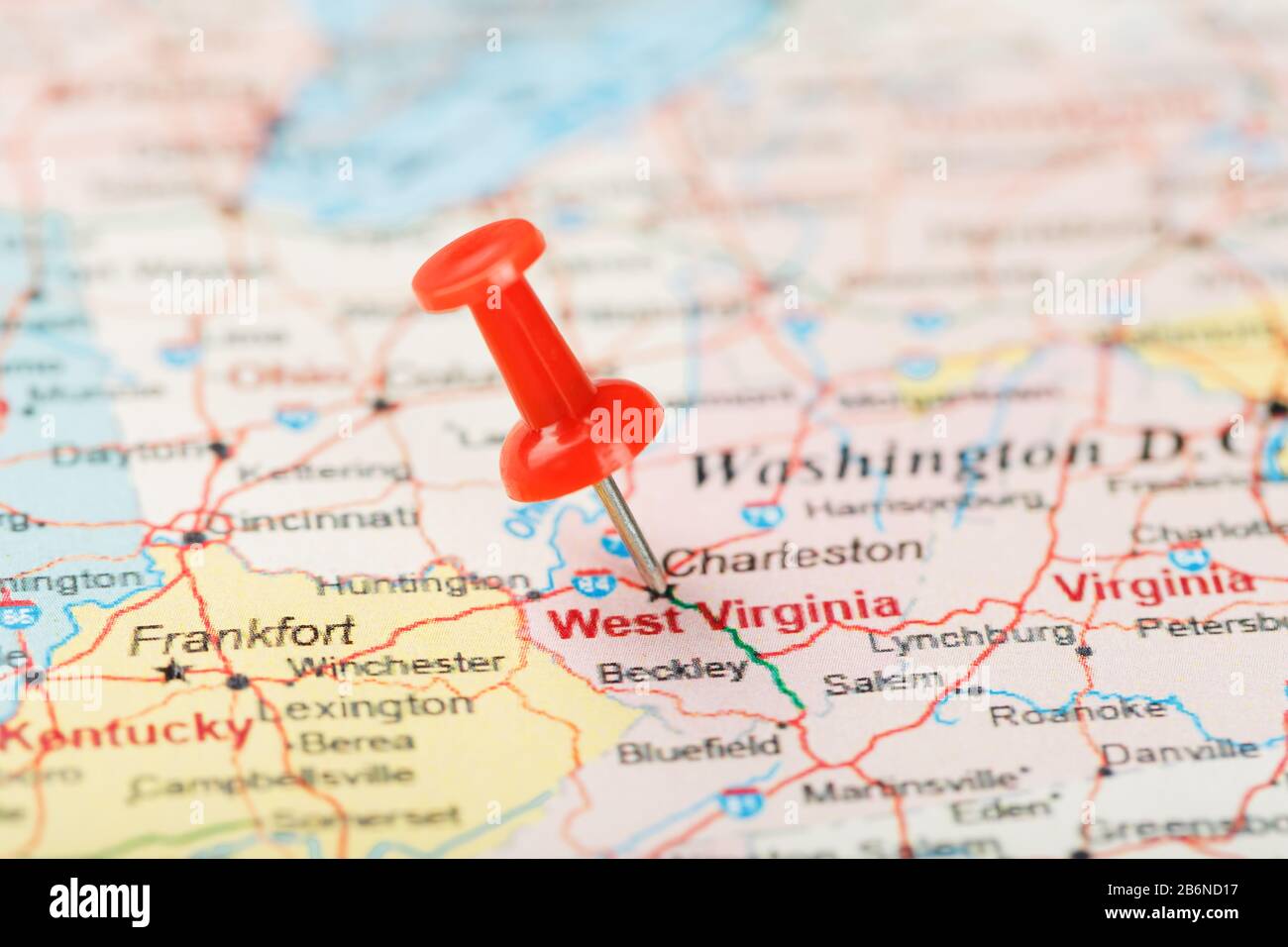 Red clerical needle on a map of USA, South West Virginia and the ...