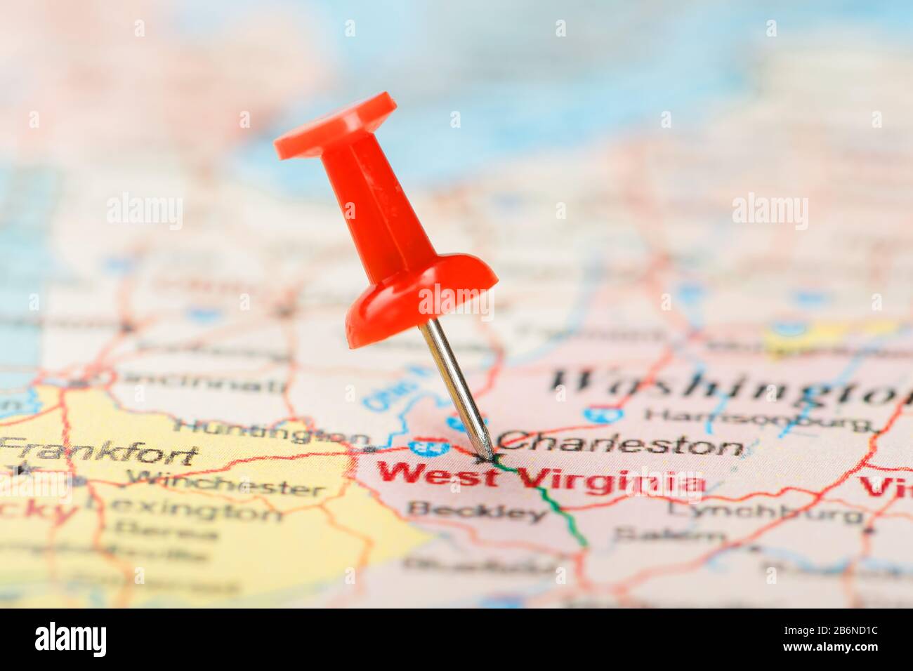 Red clerical needle on a map of USA, South West Virginia and the ...