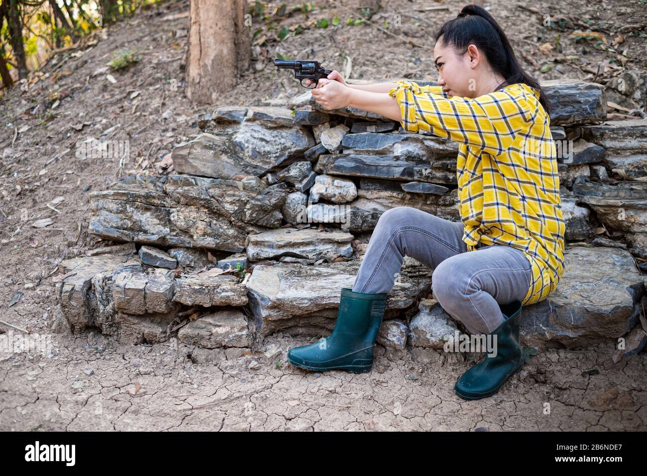 Portrait the farmer asea woman wearing a boot at the shooting shot from ...
