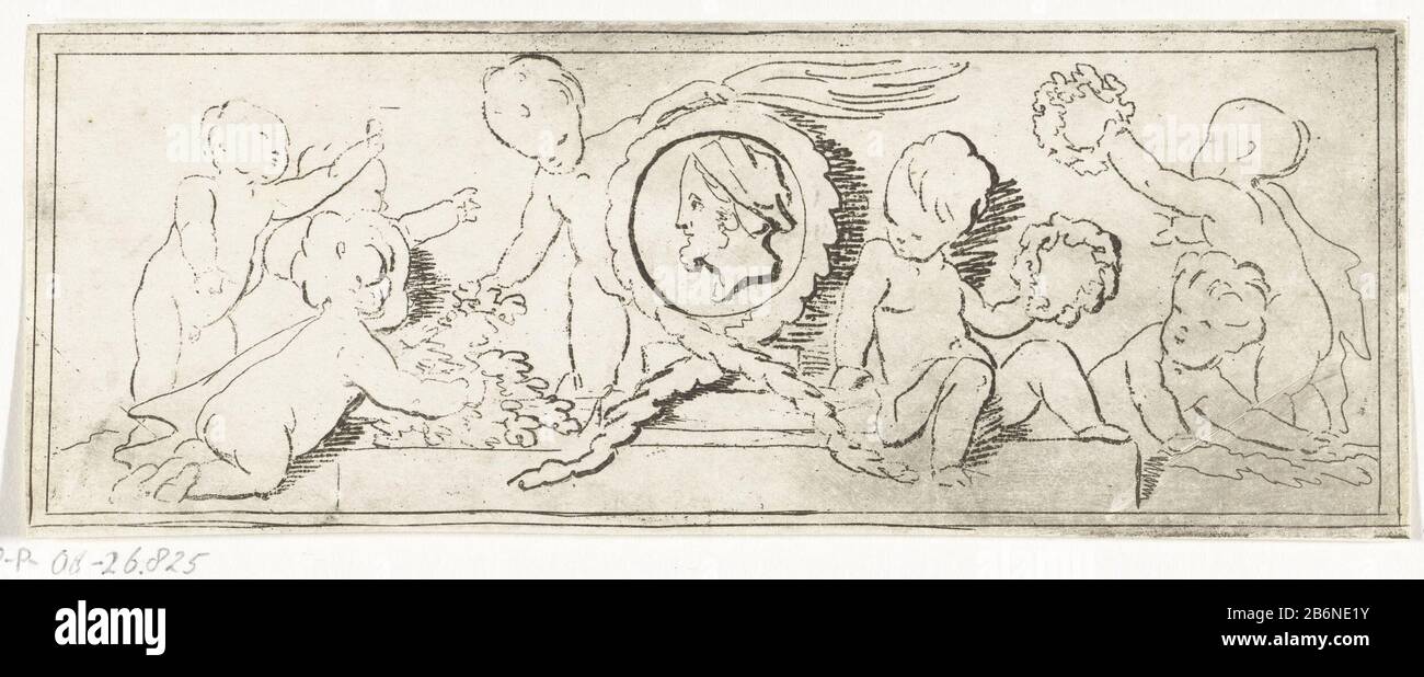 Fries met putti Seven putti with garlands on a frieze. In the middle a ...