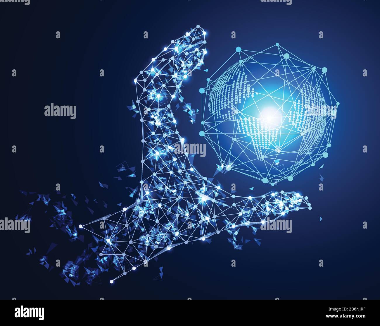 abstract technology concept hand digital link and world future on hi ...