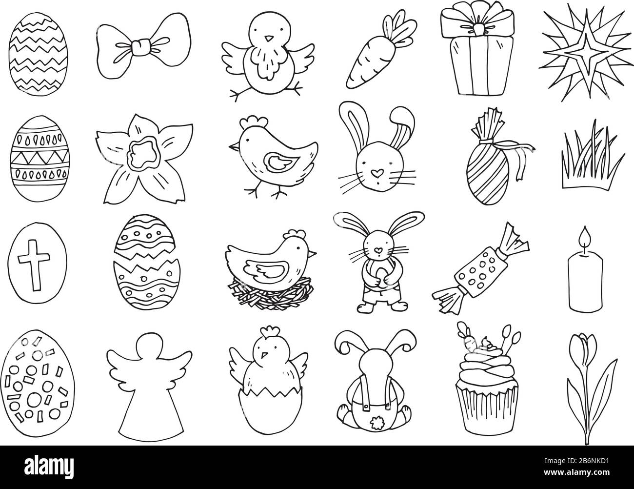 Easter set of outline illustrations, hand drawn, sketch style, simple ...