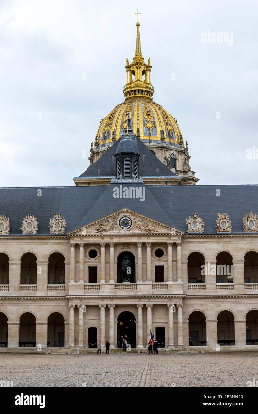 Entrance to the Army Museum at Les Invalides complex with a cathedral’s ...