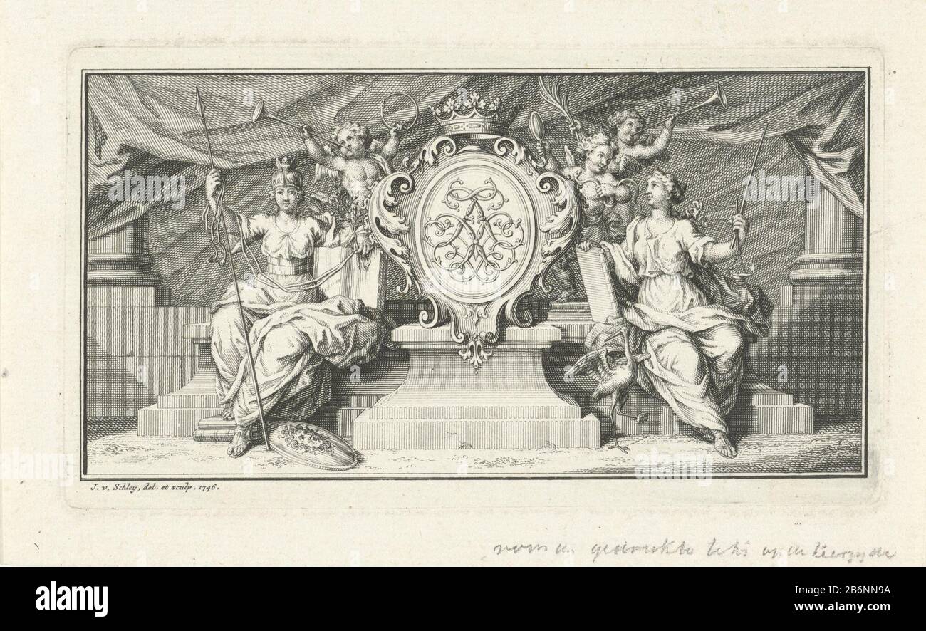 Gekroond monogram Crowned monogram flanked by Minerva and Justice and ...