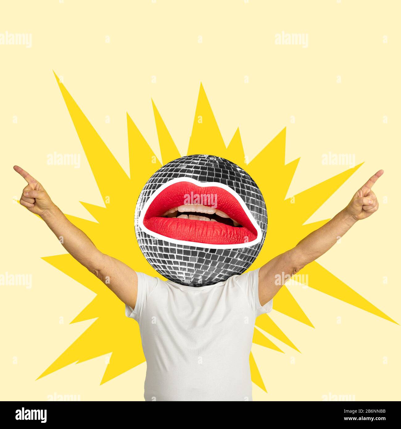 Party boy. Male body headed by disco ball on yellow background ...