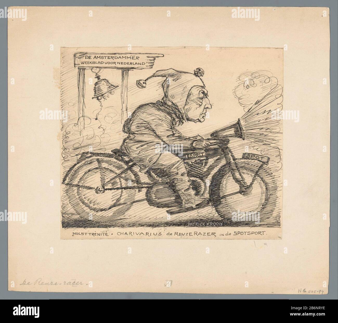 The writer Gerard Nolst Trenité as a jester riding the motorcycle ...