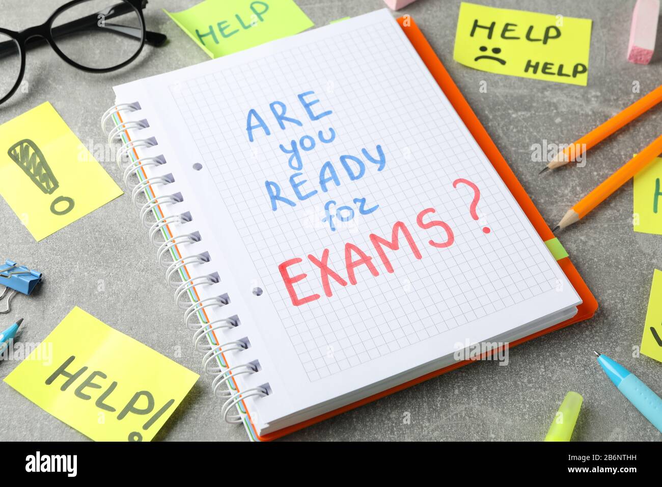 Inscriptions Are you ready for exams? and Help on grey background ...
