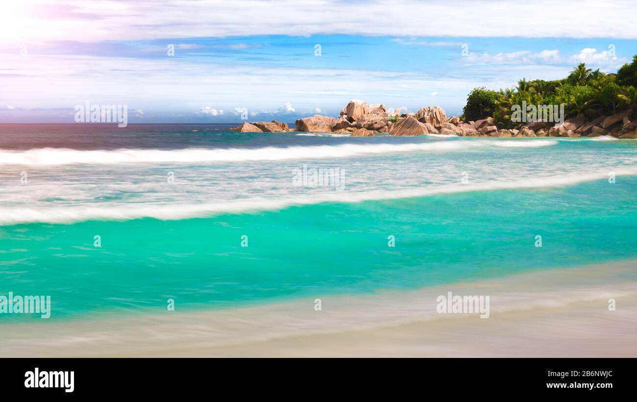 Palm and tropical sea beach panorama. beach on Seychelles island Stock ...