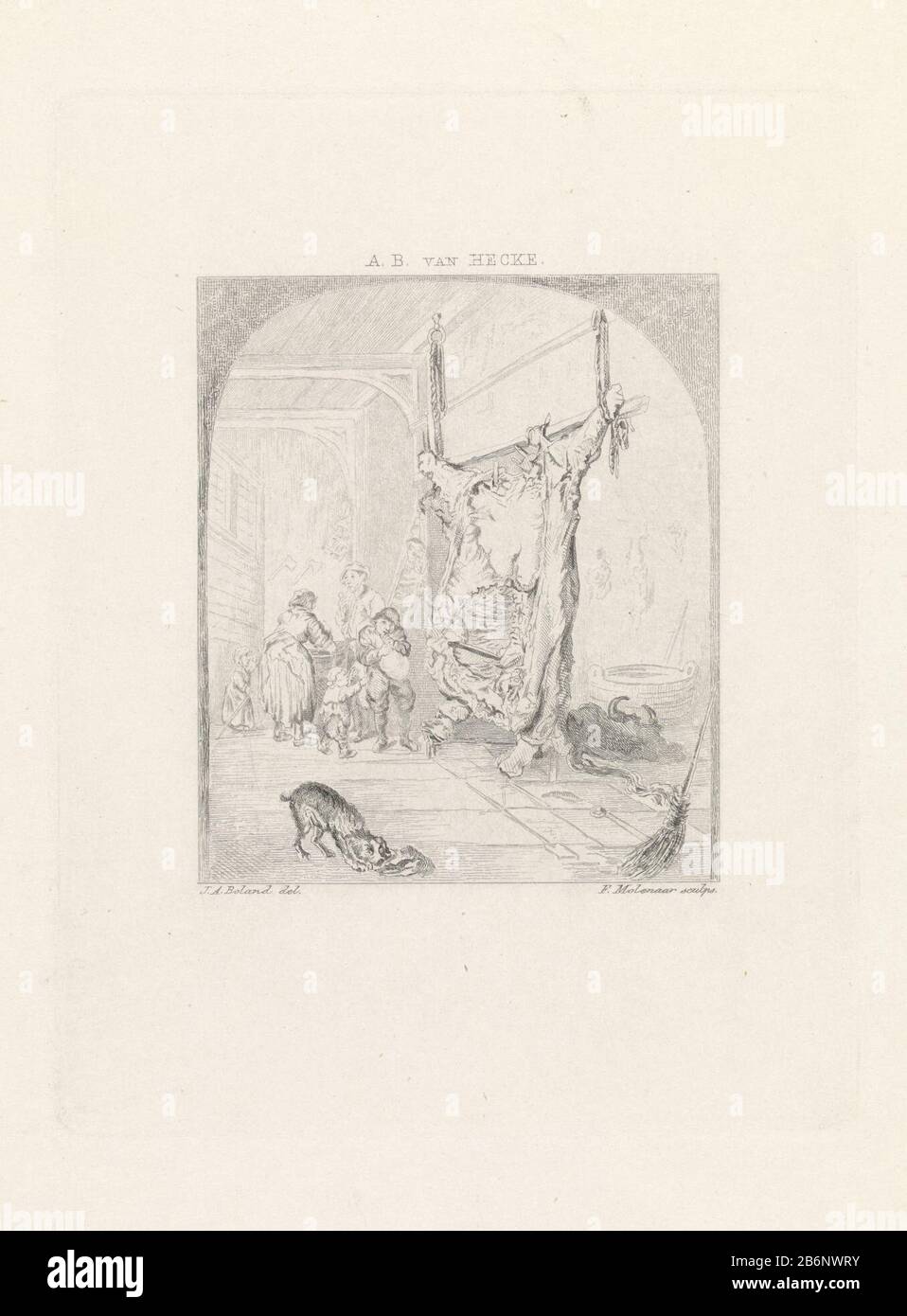 Geslachte os Interior with a slaughtered ox hanging by ropes from the ...