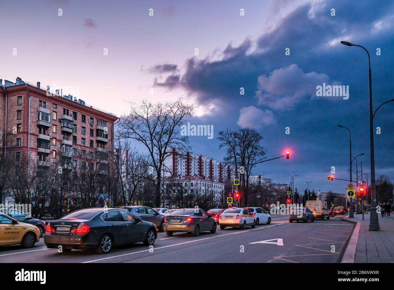 Moscow, Russia. February 28, 2020 Cars stand at the intersection of a ...