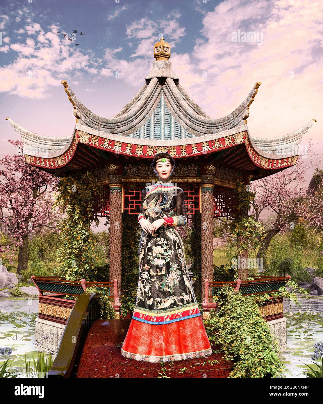 Beautiful Chinese Jade princess in an enchanting Asian classical garden ...