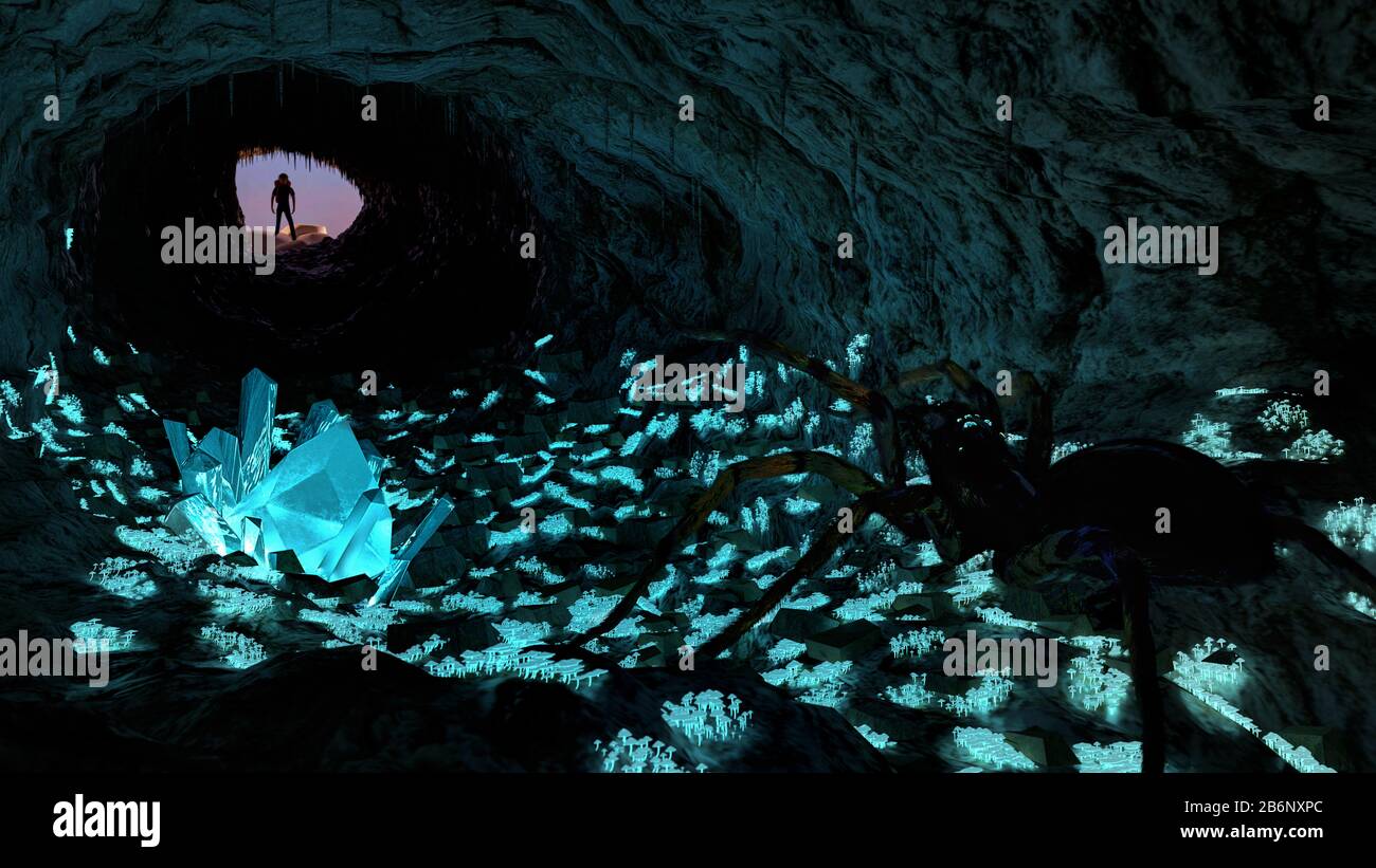 Spider in a cave full of glowing mushroom Stock Photo - Alamy