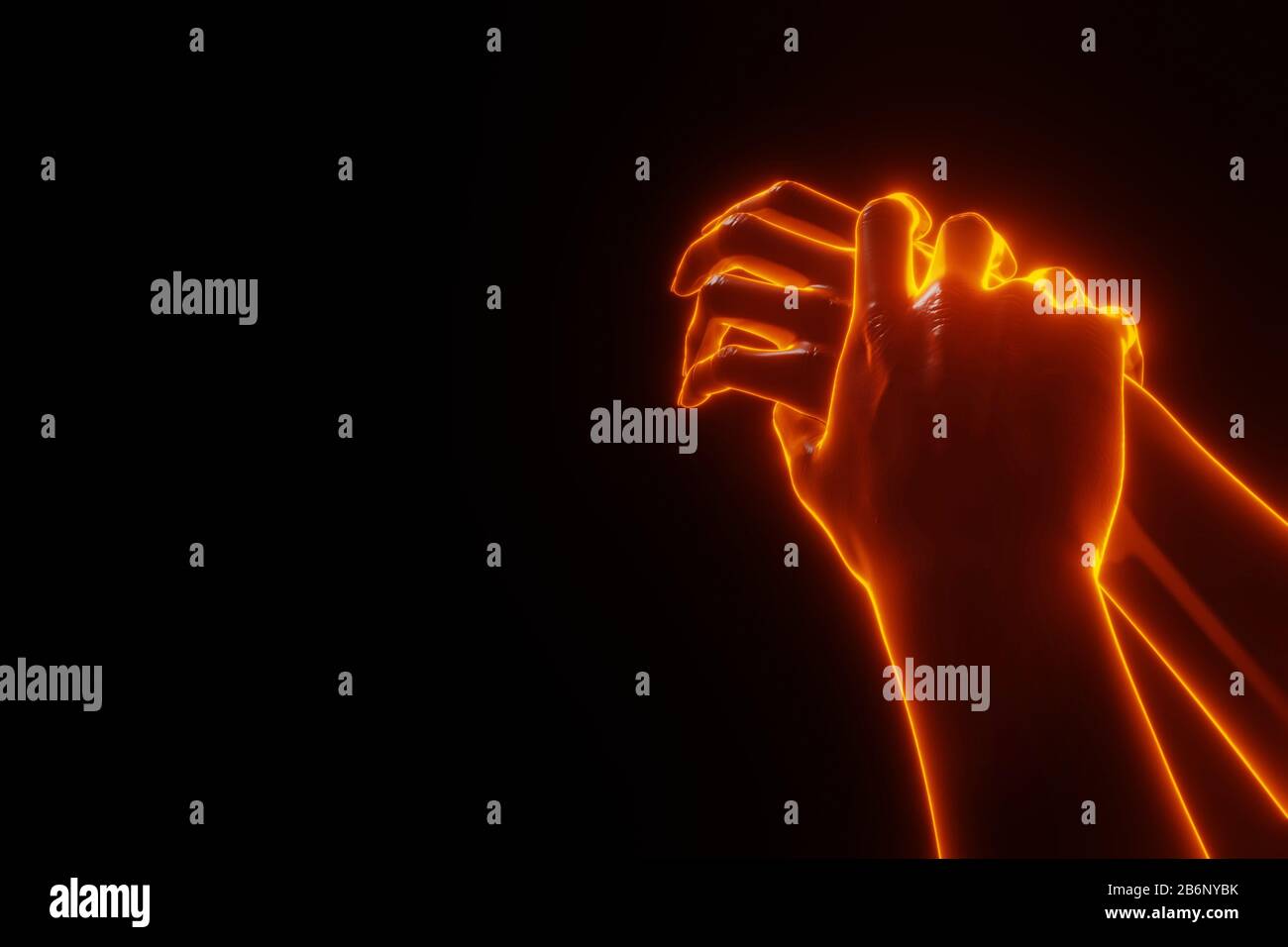 View of grabbing hand with fire glowing. Helping, follow me, don't let ...