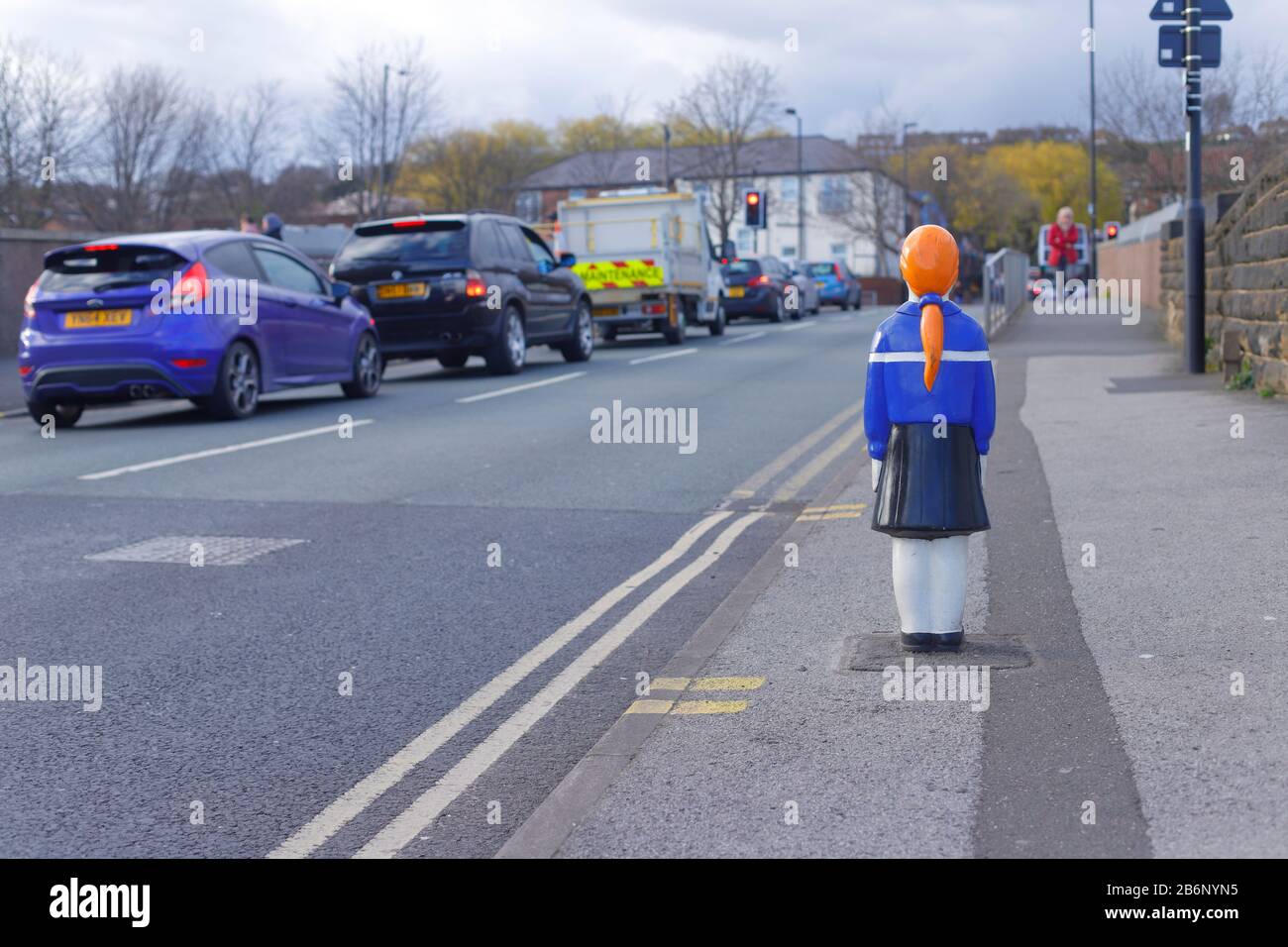 A bollard shaped like a child outside a school in Sheffield which Stock ...