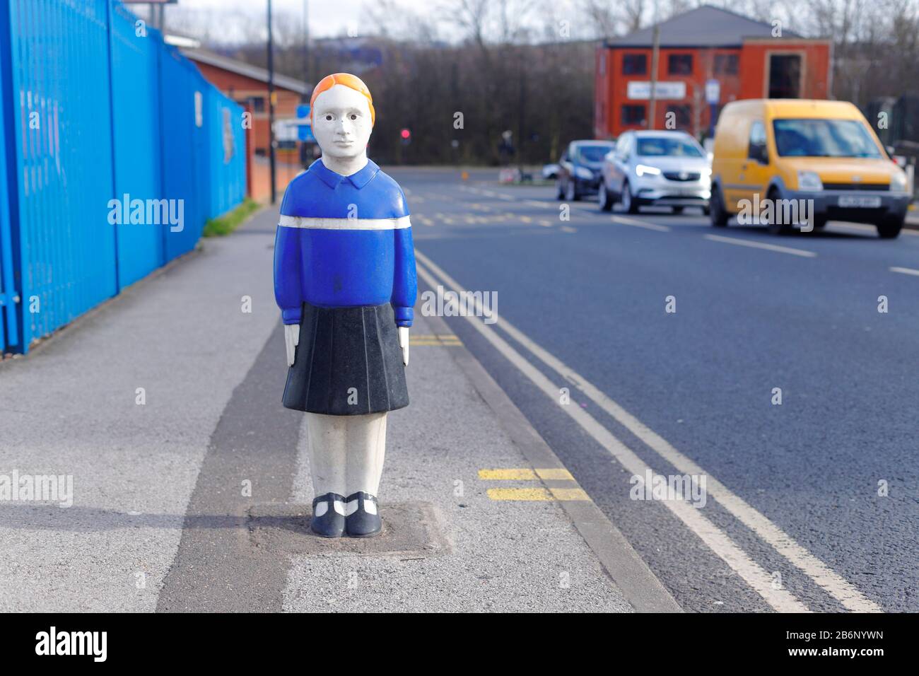 A bollard shaped like a child outside a school in Sheffield which Stock ...