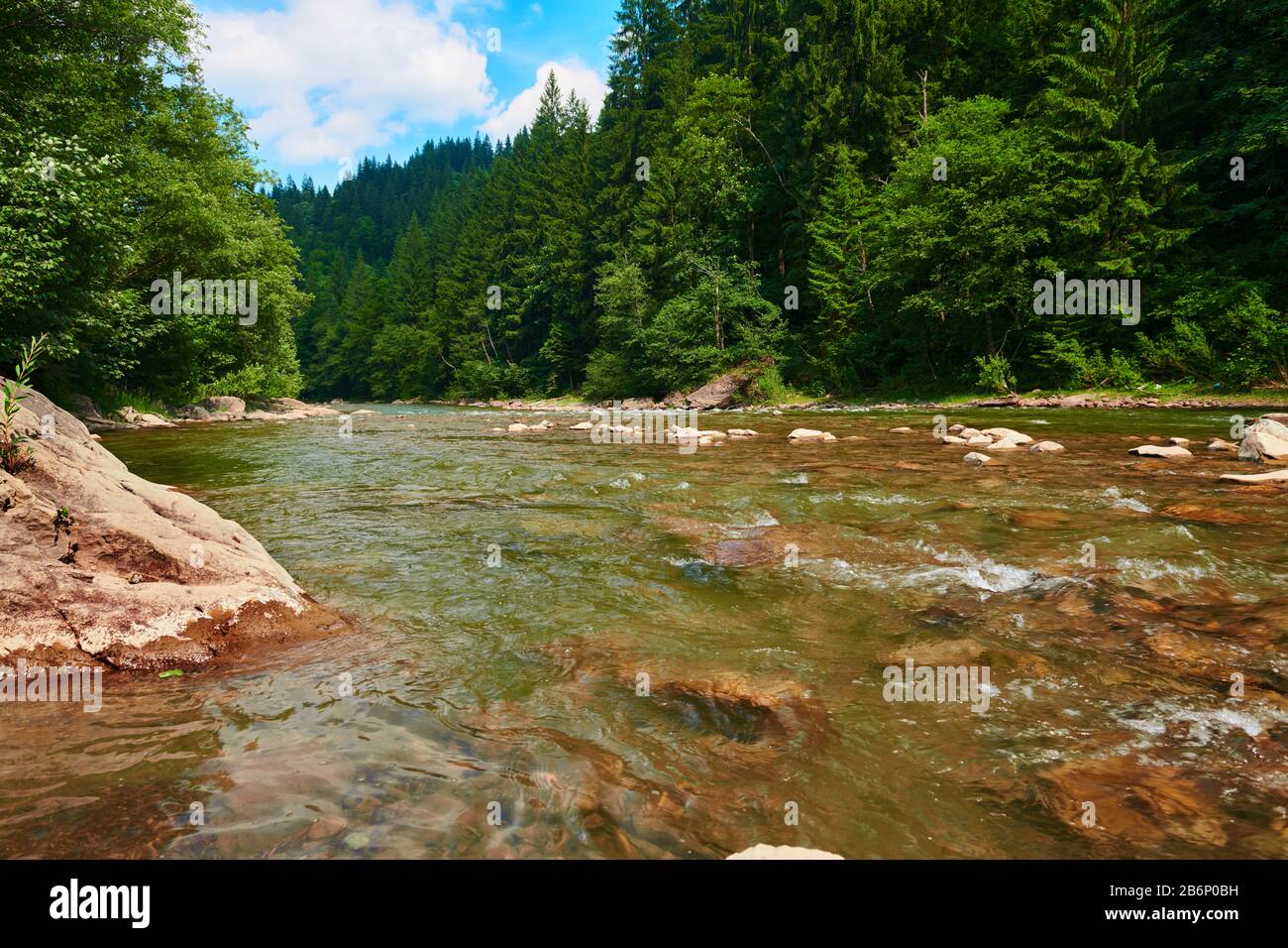 landscape, beautiful view of mountain river in summer day, fast flowing ...