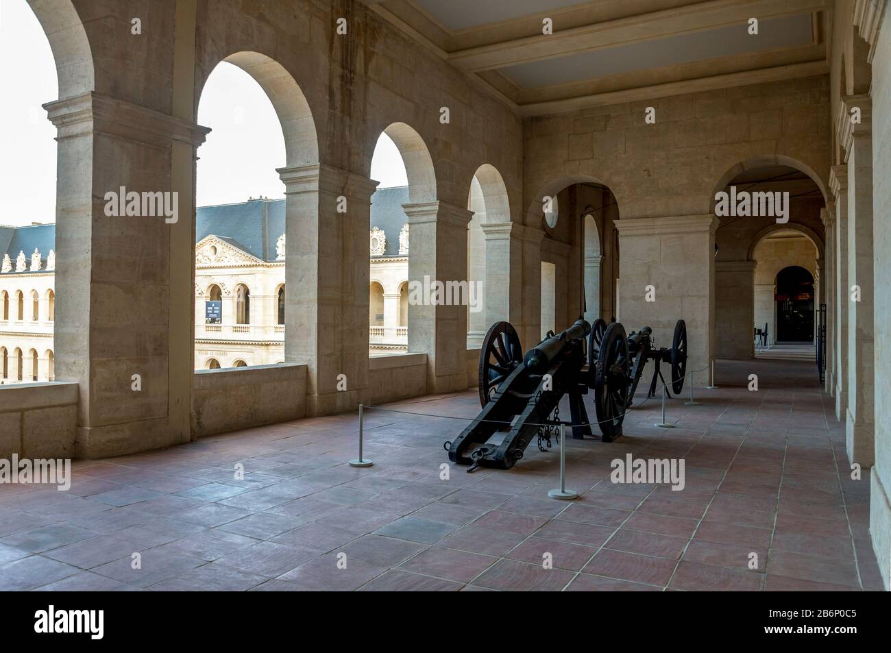 One of the outside corridors in the Army museum with old military ...