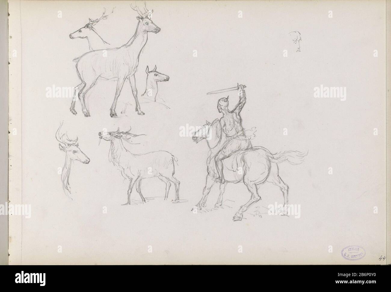 Gewapende ruiter en herten Leaf 44 recto from a sketchbook with 25 ...
