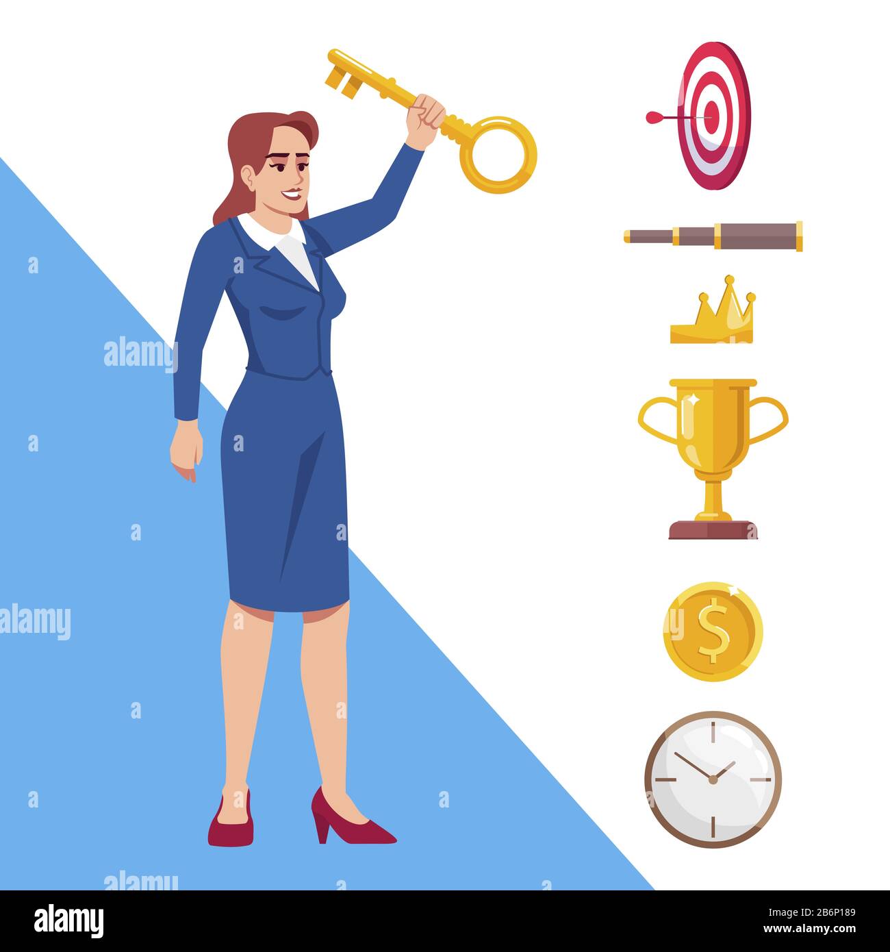 Key to success semi flat RGB color vector illustration. Businesswoman ...