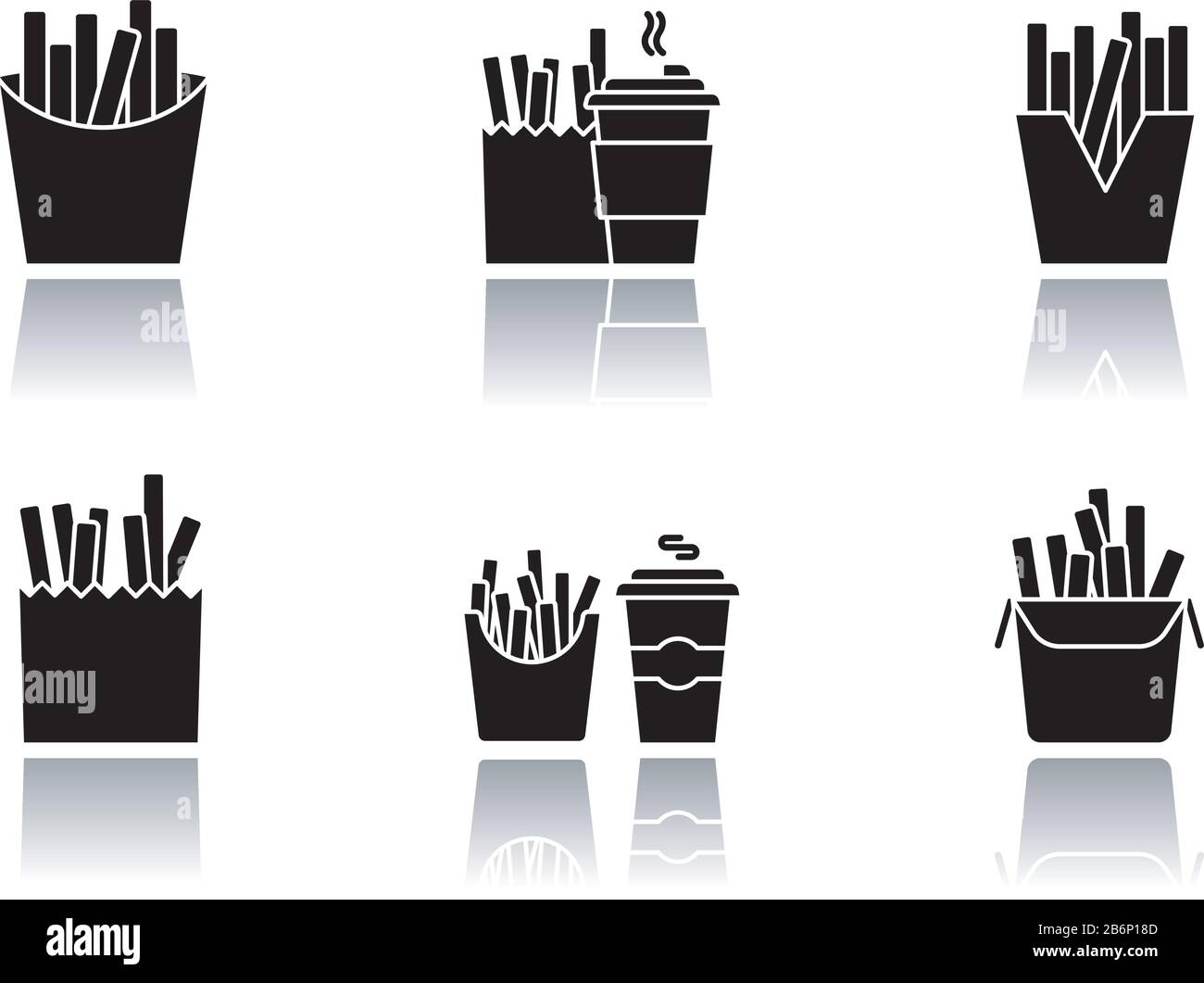 French fries drop shadow black glyph icons set. Fast food cafe menu ...