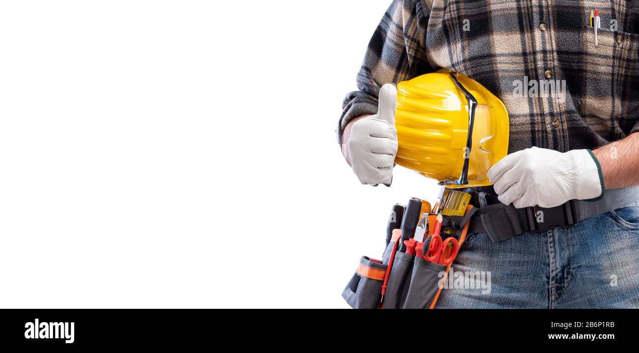 Electrician makes OK sign with thumb up, he wears protective gloves ...